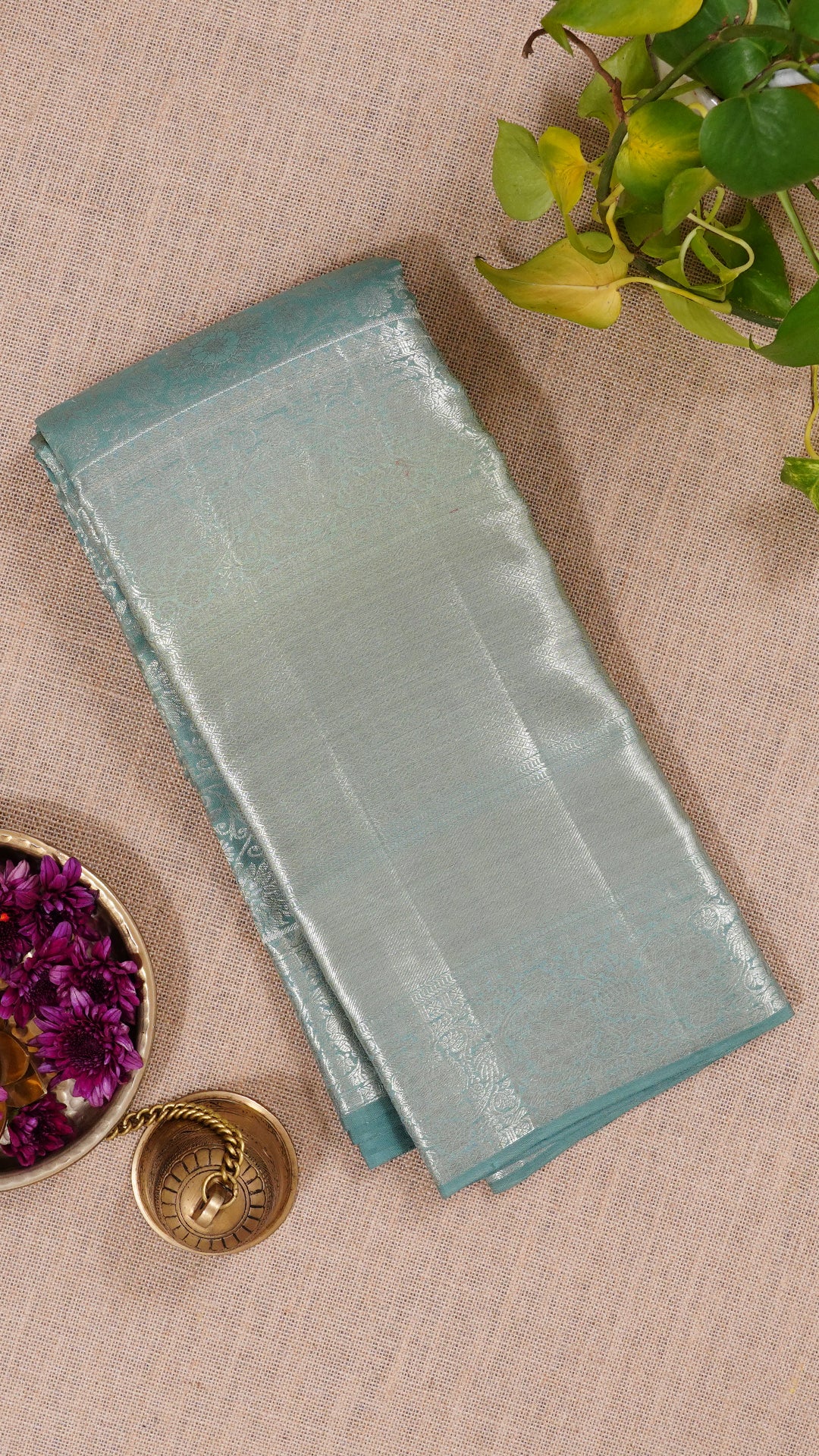 Teal Green Kanchipuram Silk Saree with Silver Butta & Self Border ...