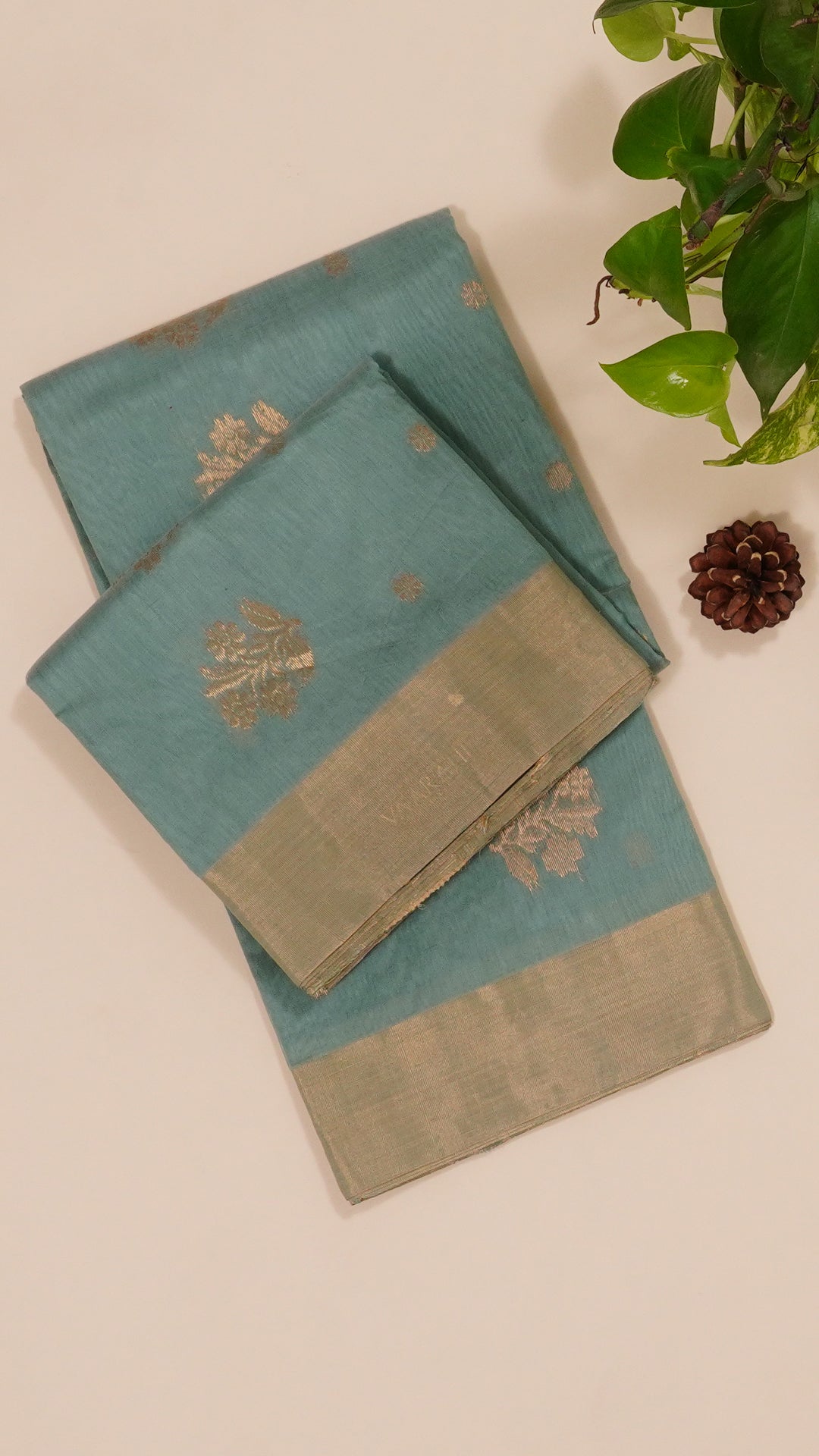 Mint Blue Chanderi Silk Saree with Gold Butta & Kadi Border – Vaarahi silks