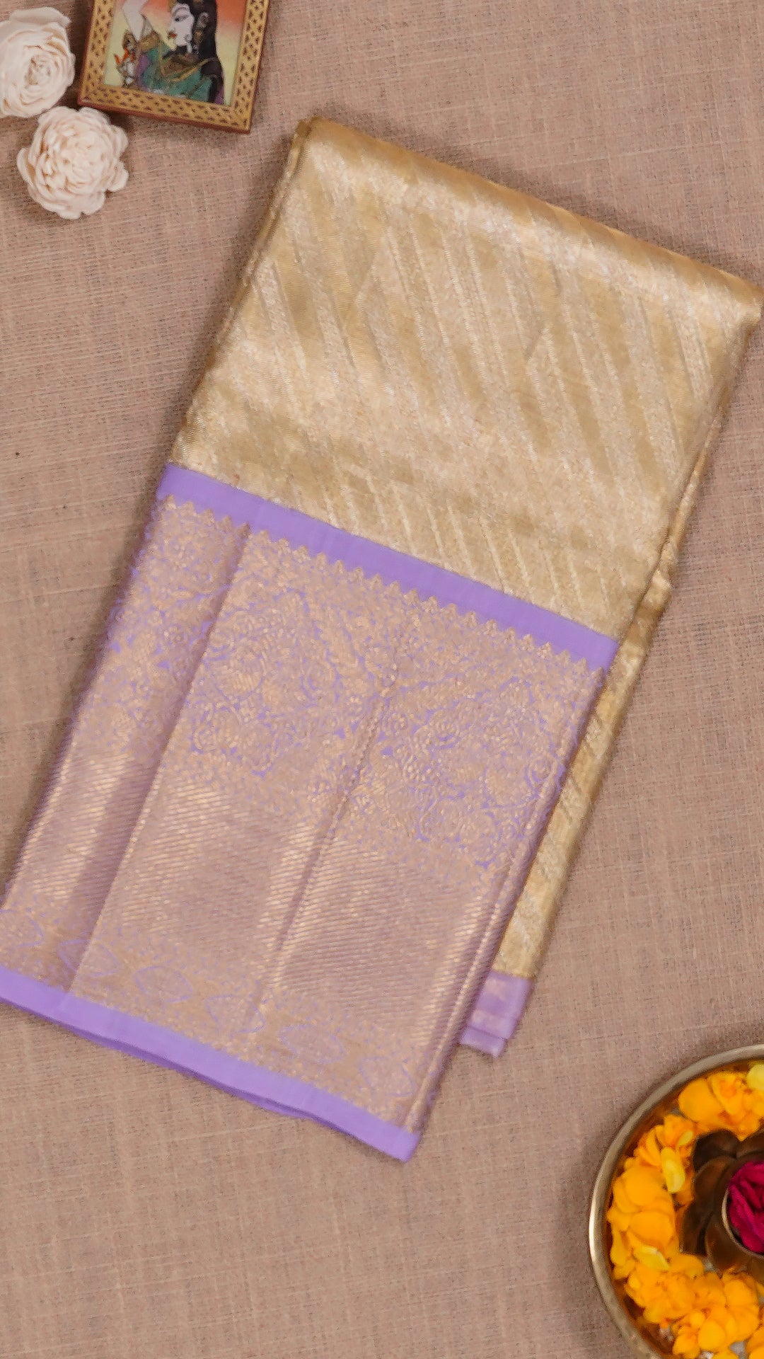 Elegant Gold Pattu Pavada with Gold Crash Line Design – Vaarahi silks