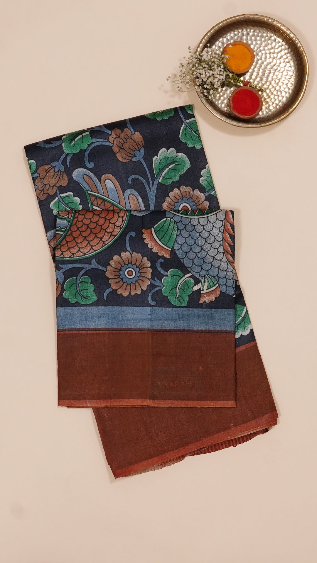 Navy Blue Tusser Silk Saree with Brown Copper Kadi Border – Vaarahi silks