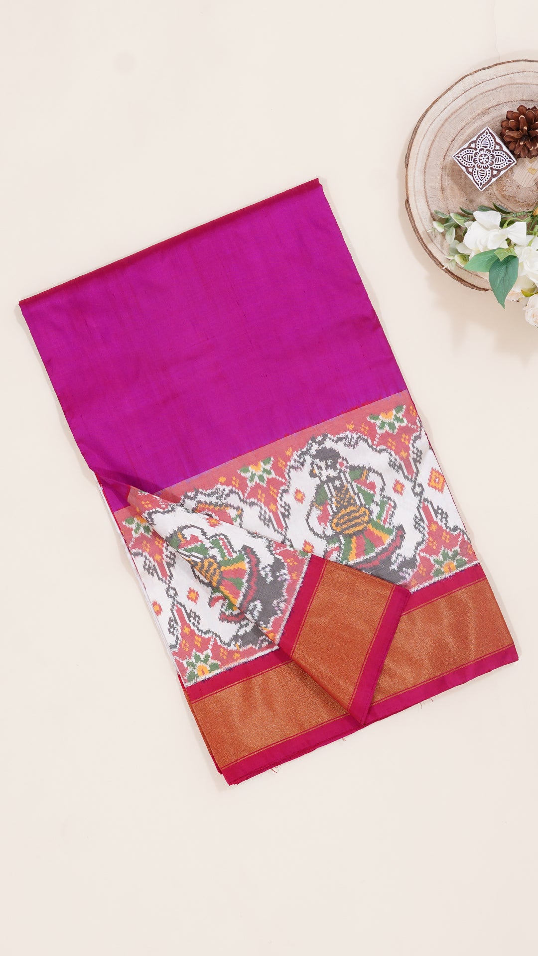 Rani Pink Ikkat Silk Saree with Patola-Inspired Detailing – Vaarahi silks