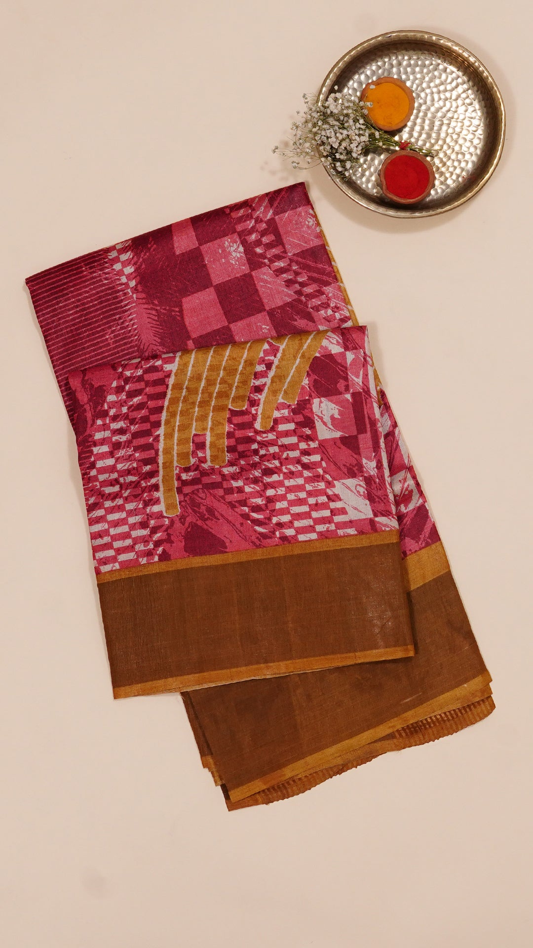 Peach Red Tusser Silk Saree with Contrast Copper Kadi Border – Vaarahi ...
