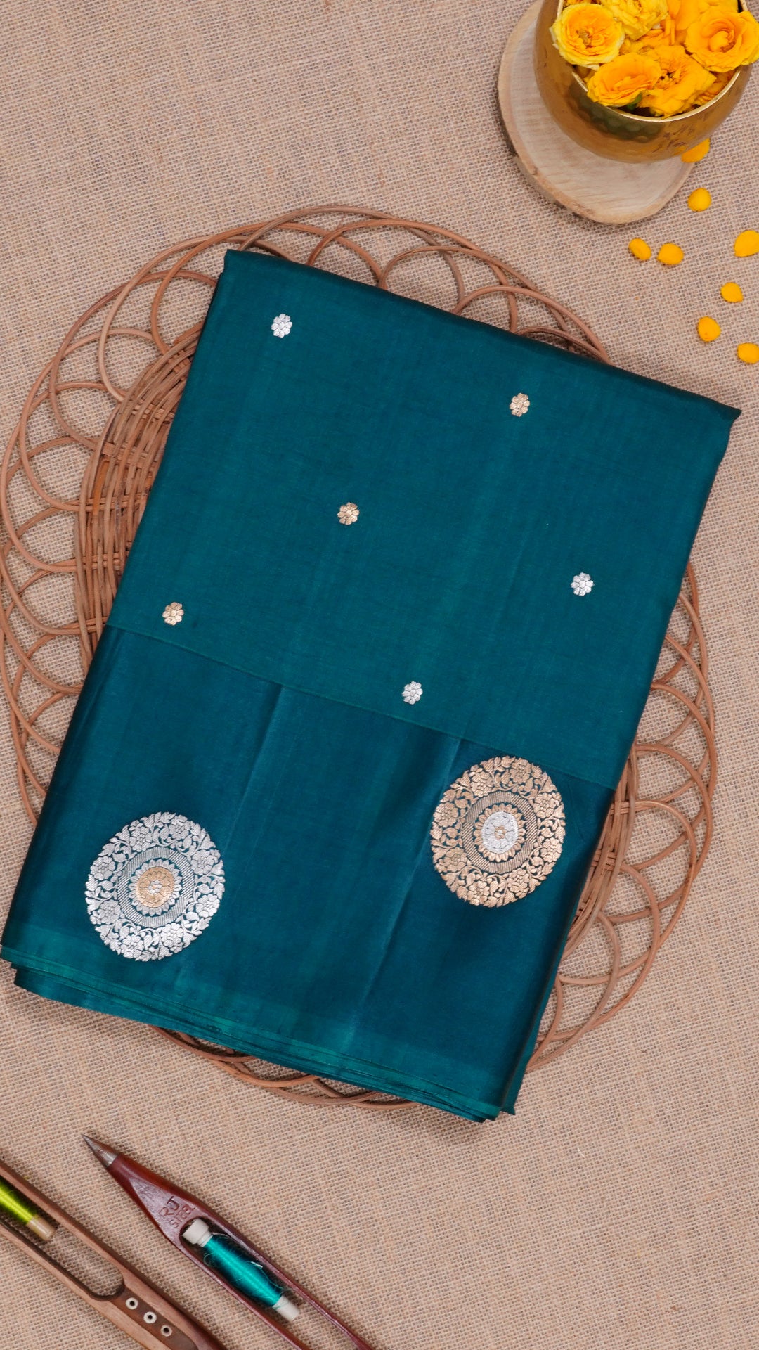 Dark Green Banaras Silk Saree with Gold & Silver Buttas – Vaarahi silks