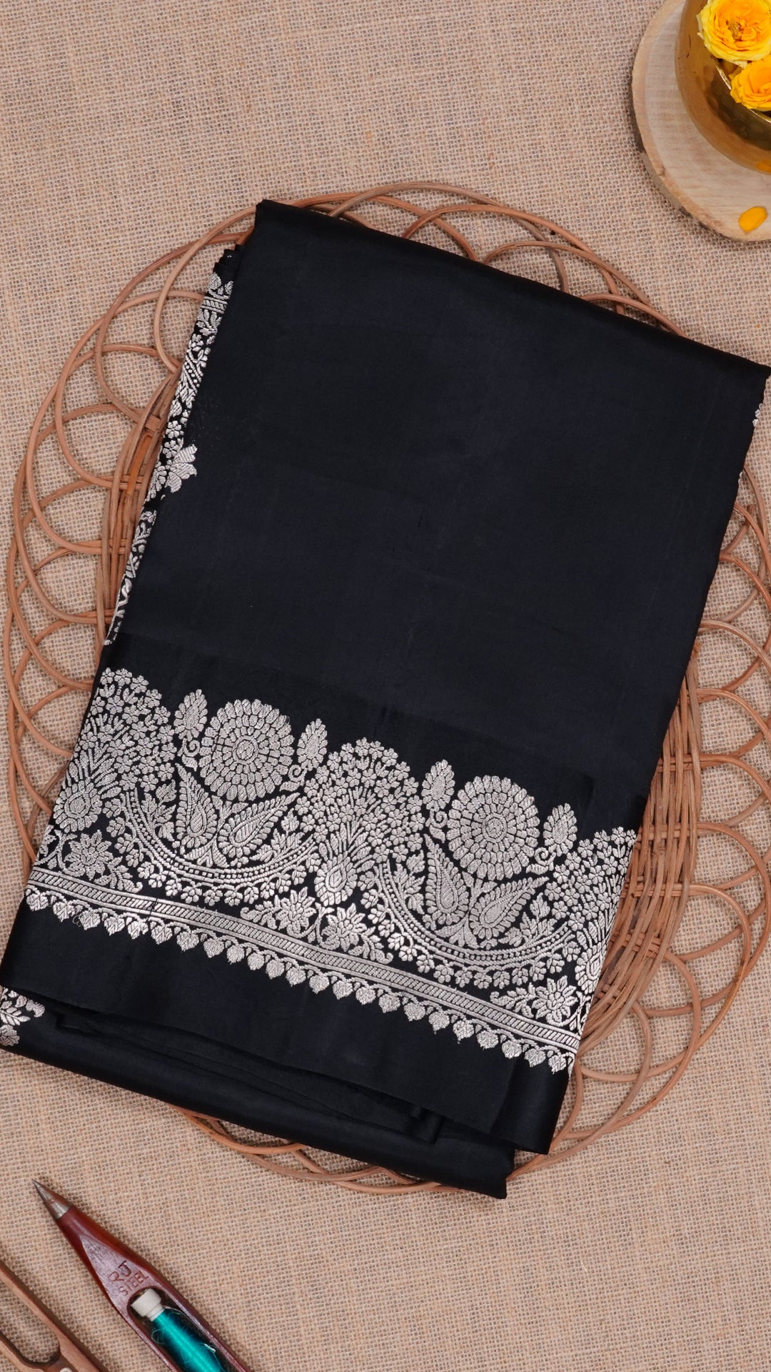 Black Raw Mango Silk Saree with Silver Buttas & Border – Vaarahi silks